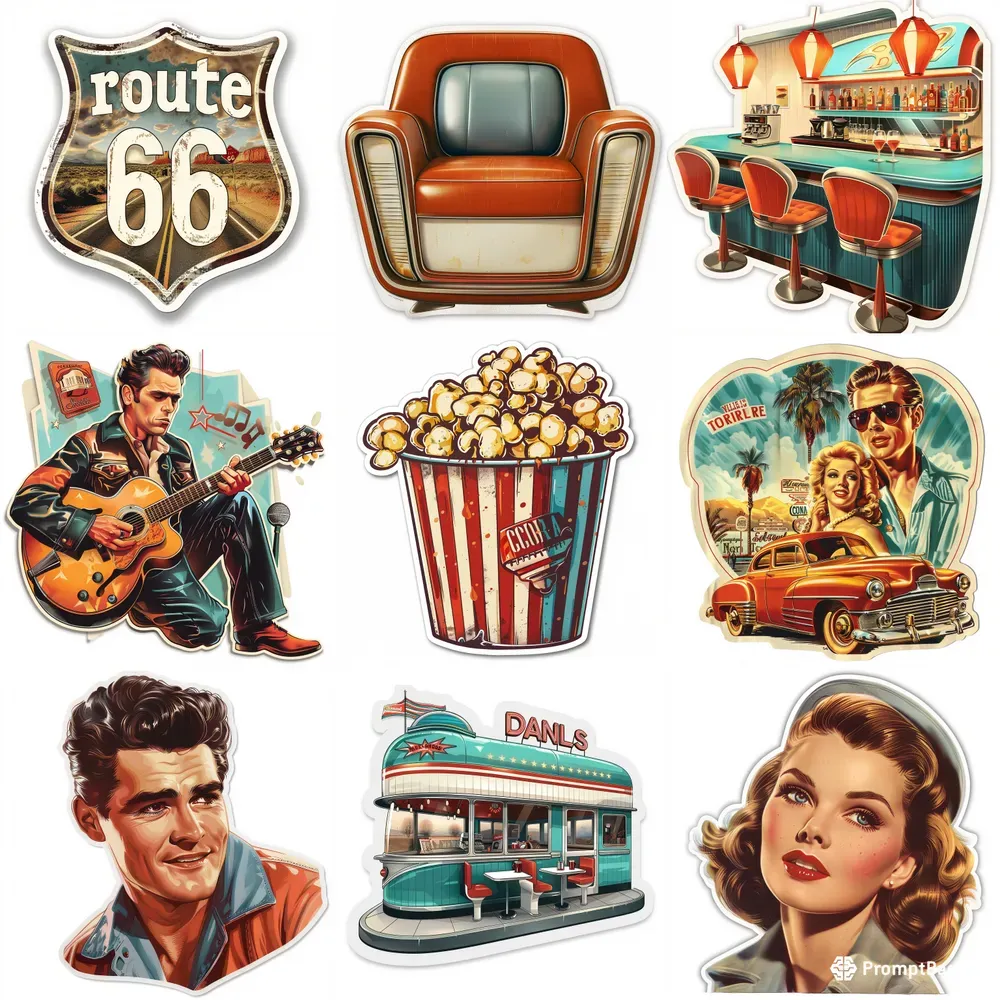 1950s Retro Vintage Stickers Midjourney Prompt | PromptBase