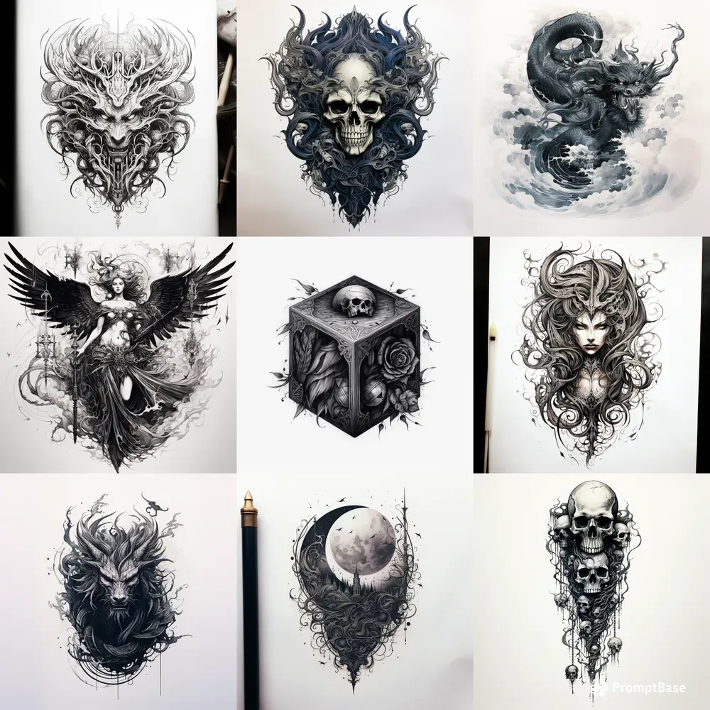 Dark Ink Tattoo Designs Midjourney Prompt | PromptBase