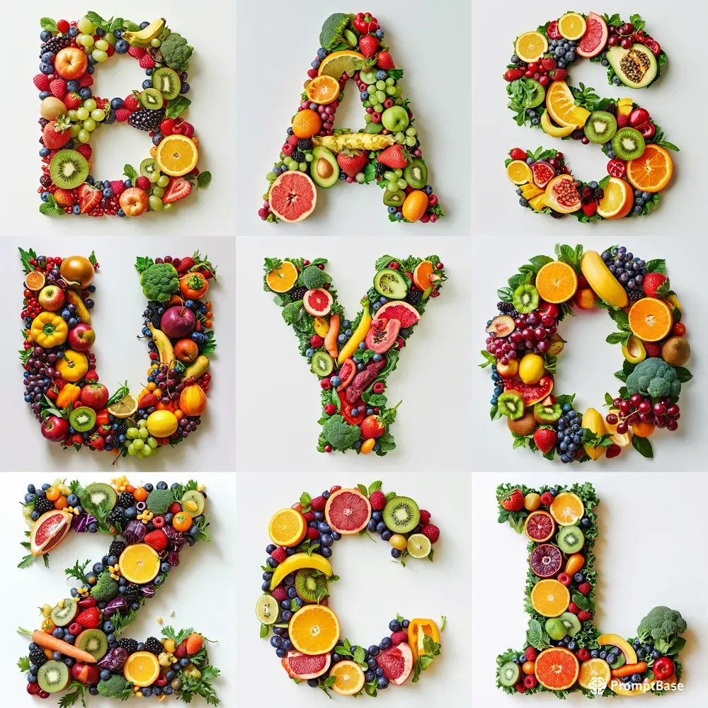 Fruits And Vegetables Made Letters Logos Midjourney Prompt | PromptBase