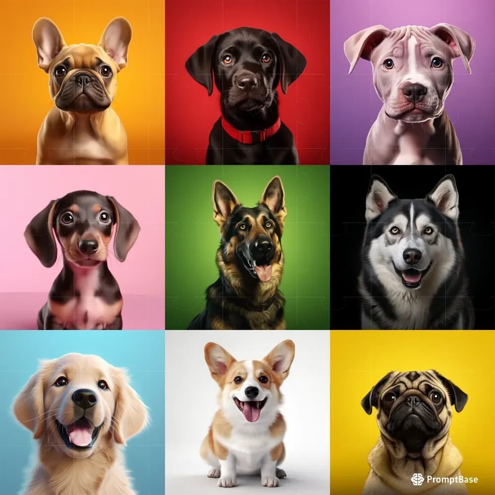 Dog Portraits On Colorful Backgrounds Midjourney Prompt | PromptBase