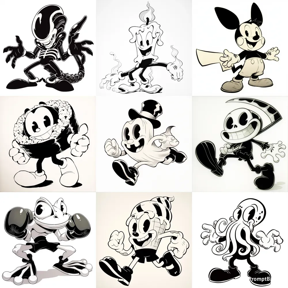 Black And White Rubber Hose Characters Midjourney Prompt | PromptBase