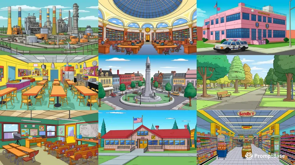 Simpsons Springfield Style Backgrounds Midjourney Prompt | PromptBase