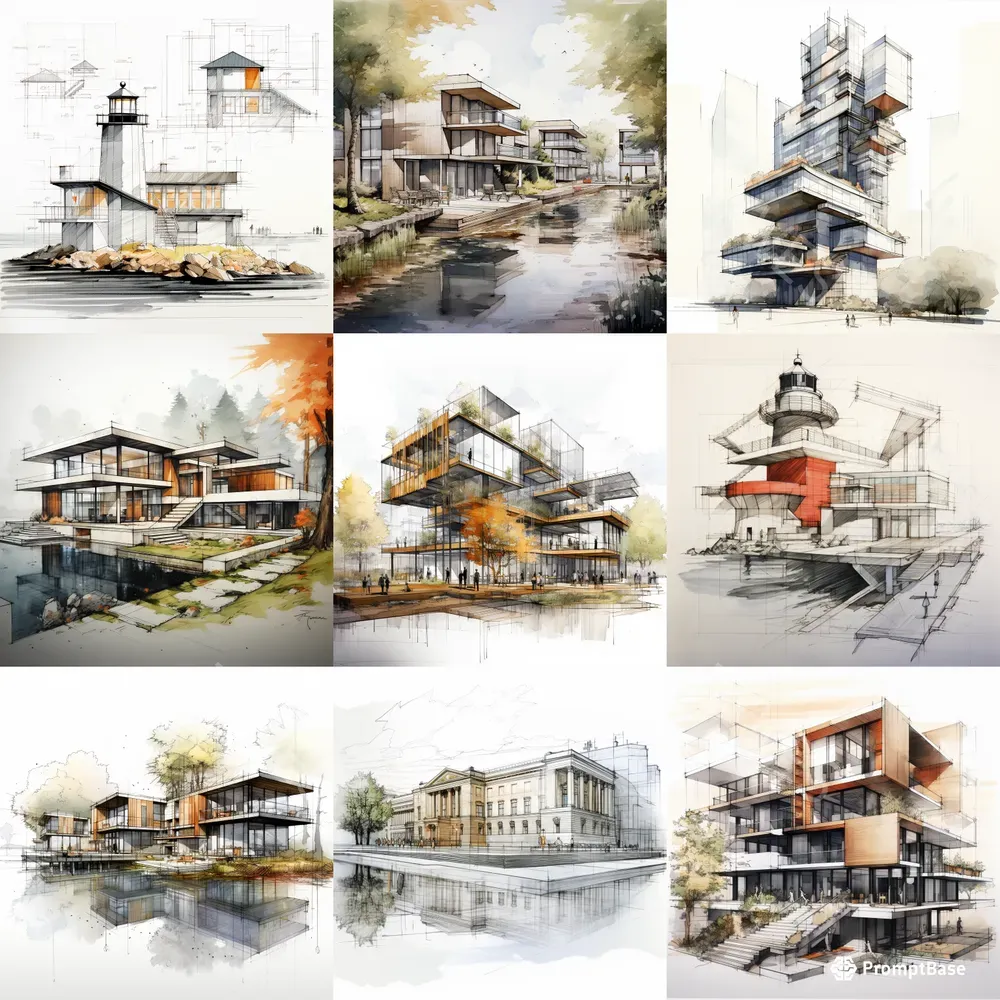 Sketches Of Architectures Midjourney Prompt | PromptBase