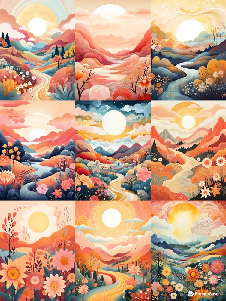 Whimsical Landscape Sun Posters Midjourney Prompt | PromptBase