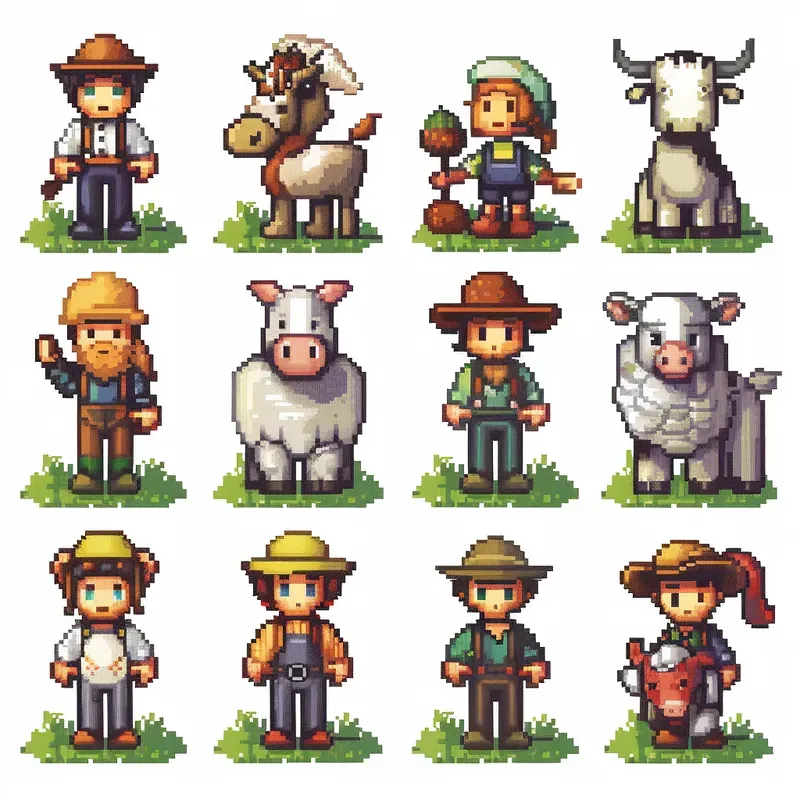 Simple Pixel Video Game Character Sets Midjourney Prompt | PromptBase