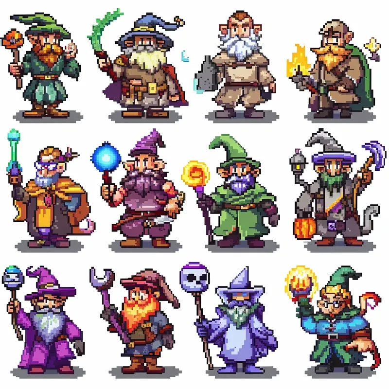 Simple Pixel Video Game Character Sets Midjourney Prompt | PromptBase