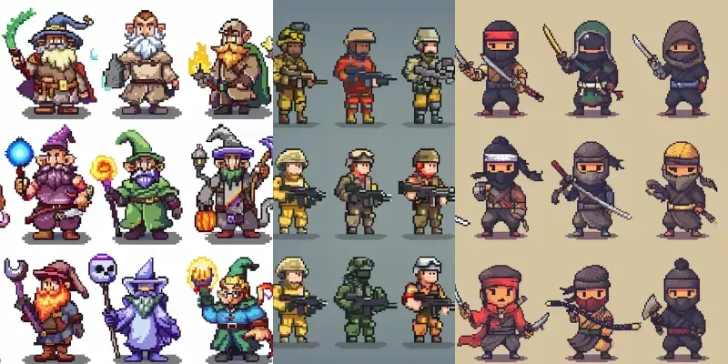 Simple Pixel Video Game Character Sets Midjourney Prompt | PromptBase