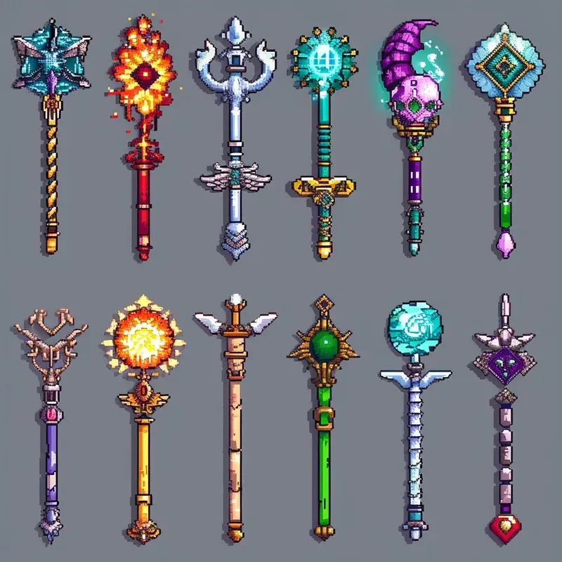 Simple Pixel Video Game Weapon Sets Midjourney Prompt | PromptBase