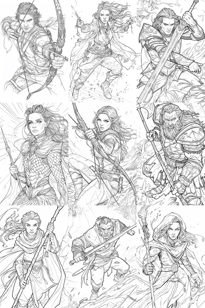 Fantasy Character Coloring Line Art Midjourney Prompt | PromptBase