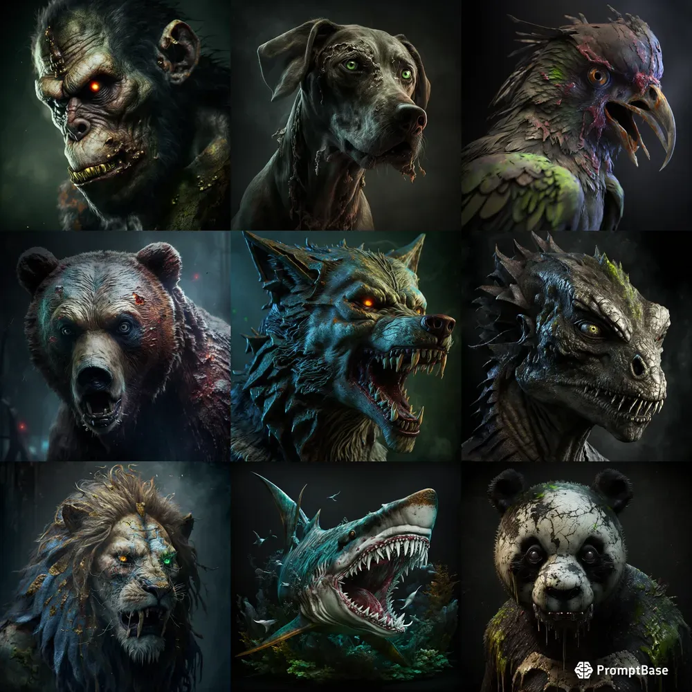 Realistic Evil Zombie Animals Portraits Midjourney Prompt | PromptBase
