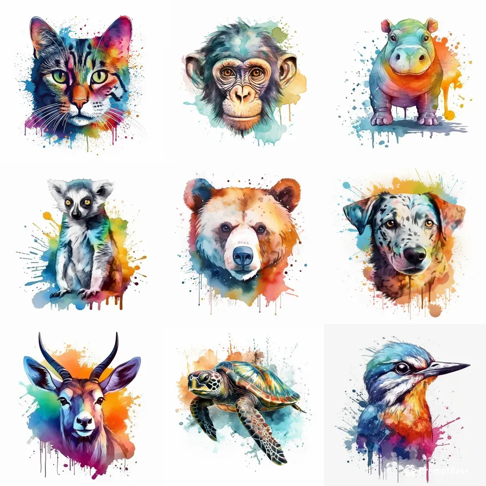 Watercolor Animals Graphic Design Midjourney Prompt | PromptBase