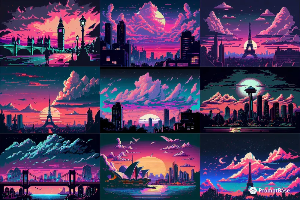 Pixel Vaporwave Cityscapes Midjourney Prompt | PromptBase