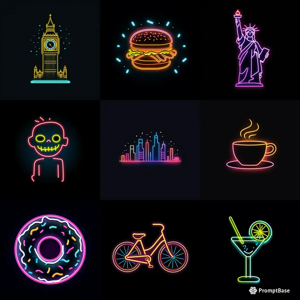 Neon Light Outline Icons Midjourney Prompt | PromptBase