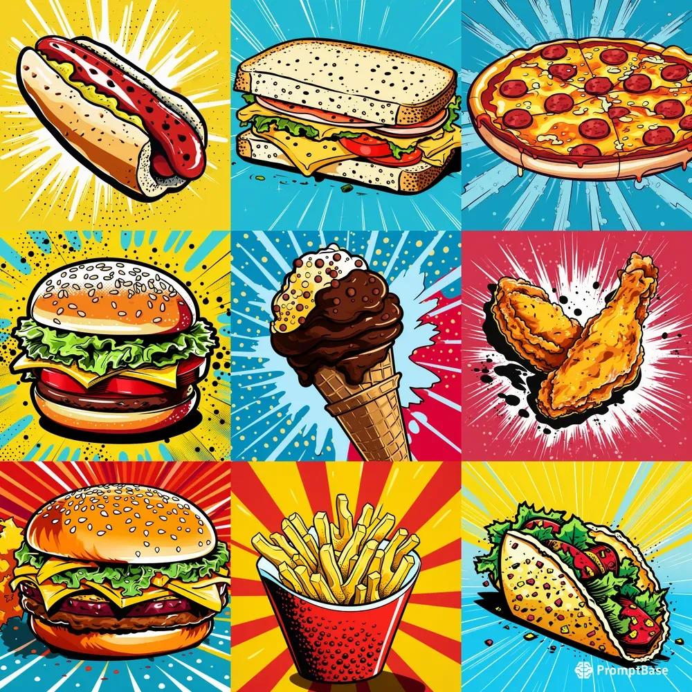 Comic Style Fast Foods Midjourney Prompt | PromptBase