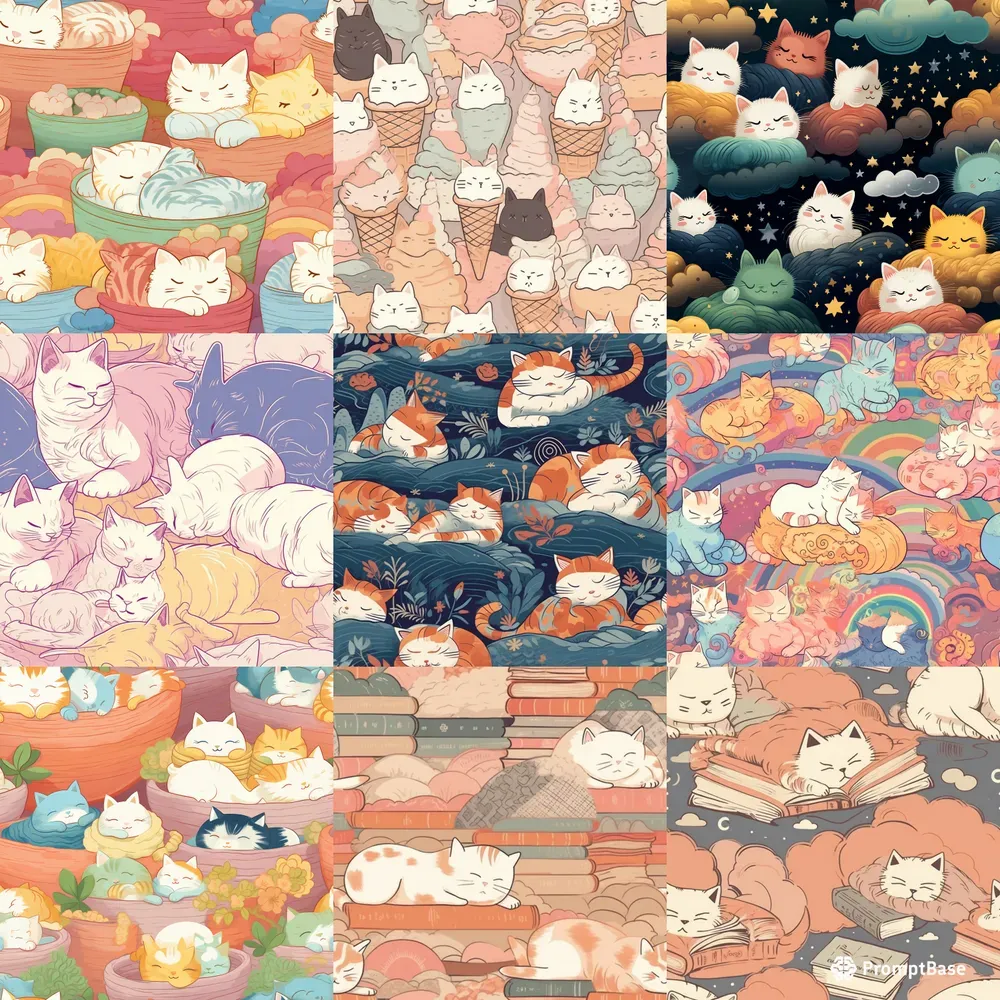 Kawaii Cute Cats Seamless Repeat Patterns Midjourney Prompt | PromptBase