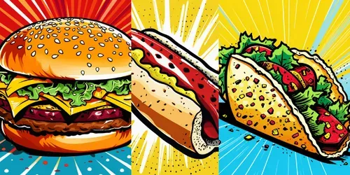 Fast Food Dishes 90s Comic Book Style Midjourney Prompt | PromptBase