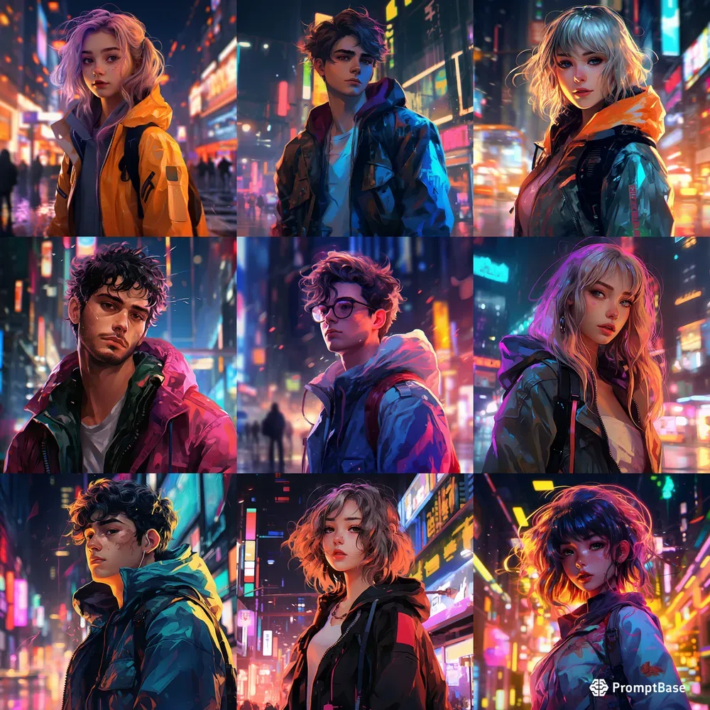 Neon Style Anime Characters Midjourney Prompt | PromptBase