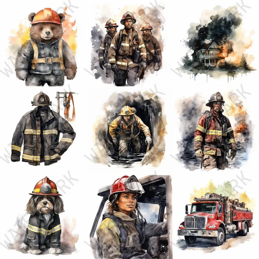 Firefighter Watercolor Clipart Firemen Midjourney Prompt | PromptBase