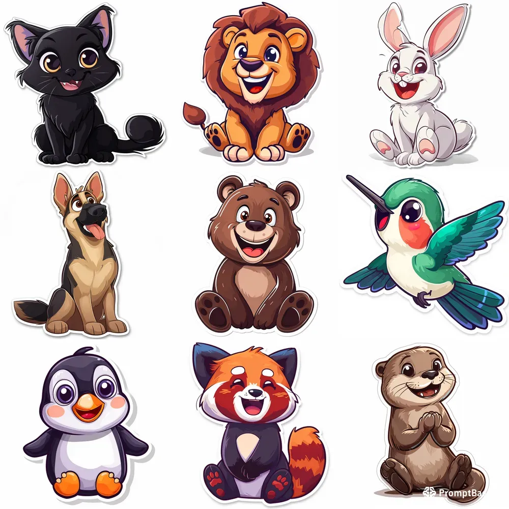 Cute Pixar Stickers Happy Animals Midjourney Prompt | PromptBase
