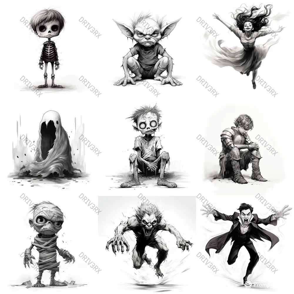 Black White Gothic Kids Sketches Midjourney Prompt | PromptBase