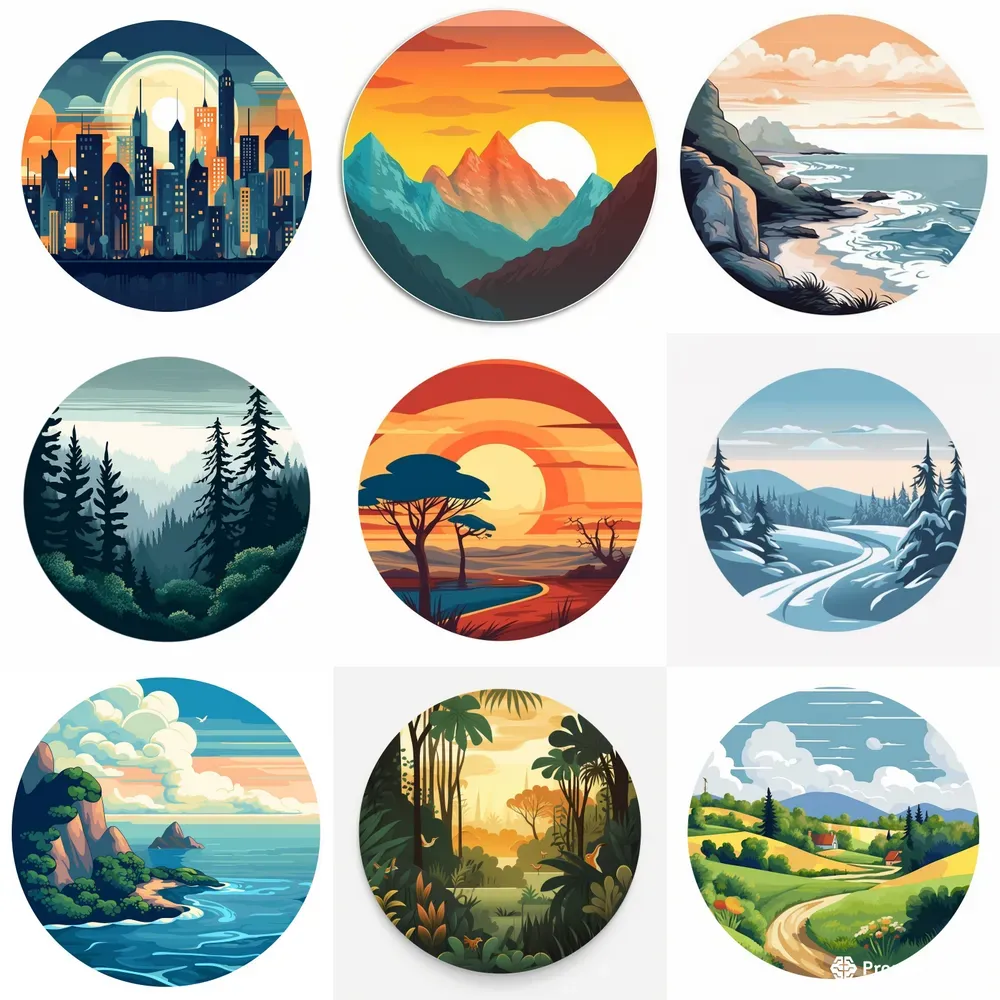 Landscape Circular Stickers Midjourney Prompt | PromptBase