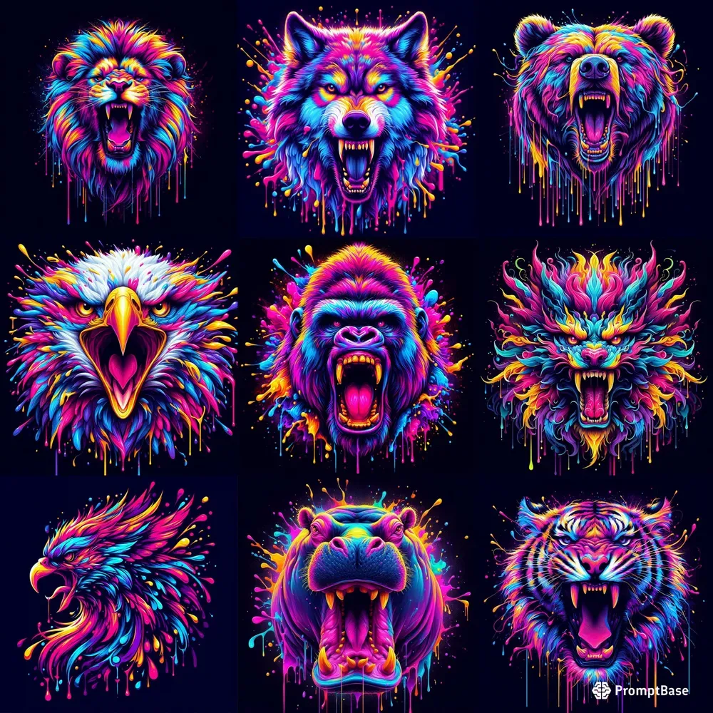 Roaring Characters With Neon Colors DALL·E Prompt | PromptBase