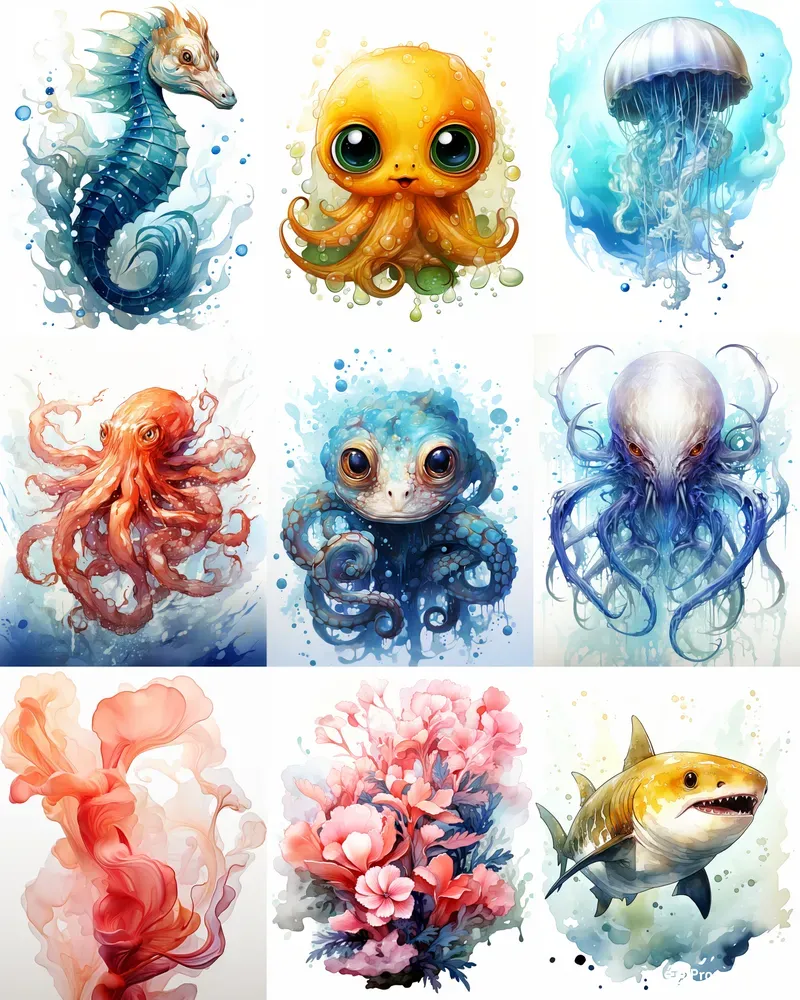 Watercolor Alcohol Ink Sea Creatures Pods Midjourney Prompt | PromptBase