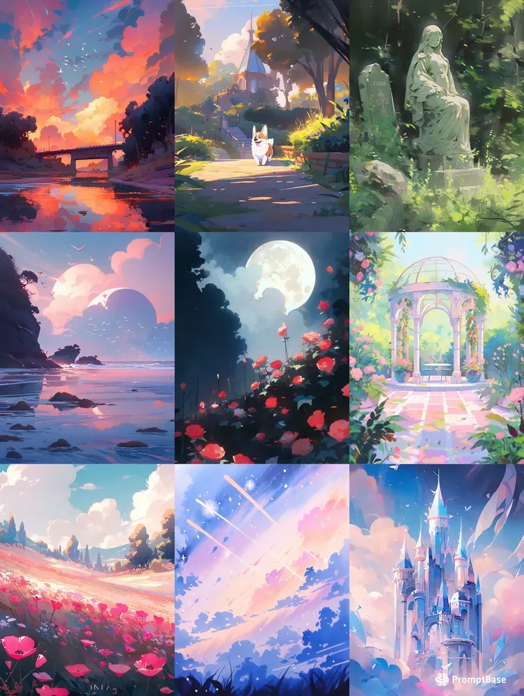 Anime Inspired Scenic Gouache Paintings Midjourney Prompt | PromptBase