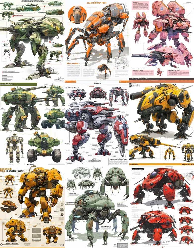 Concept Design Sheets Mecha Midjourney Prompt | PromptBase