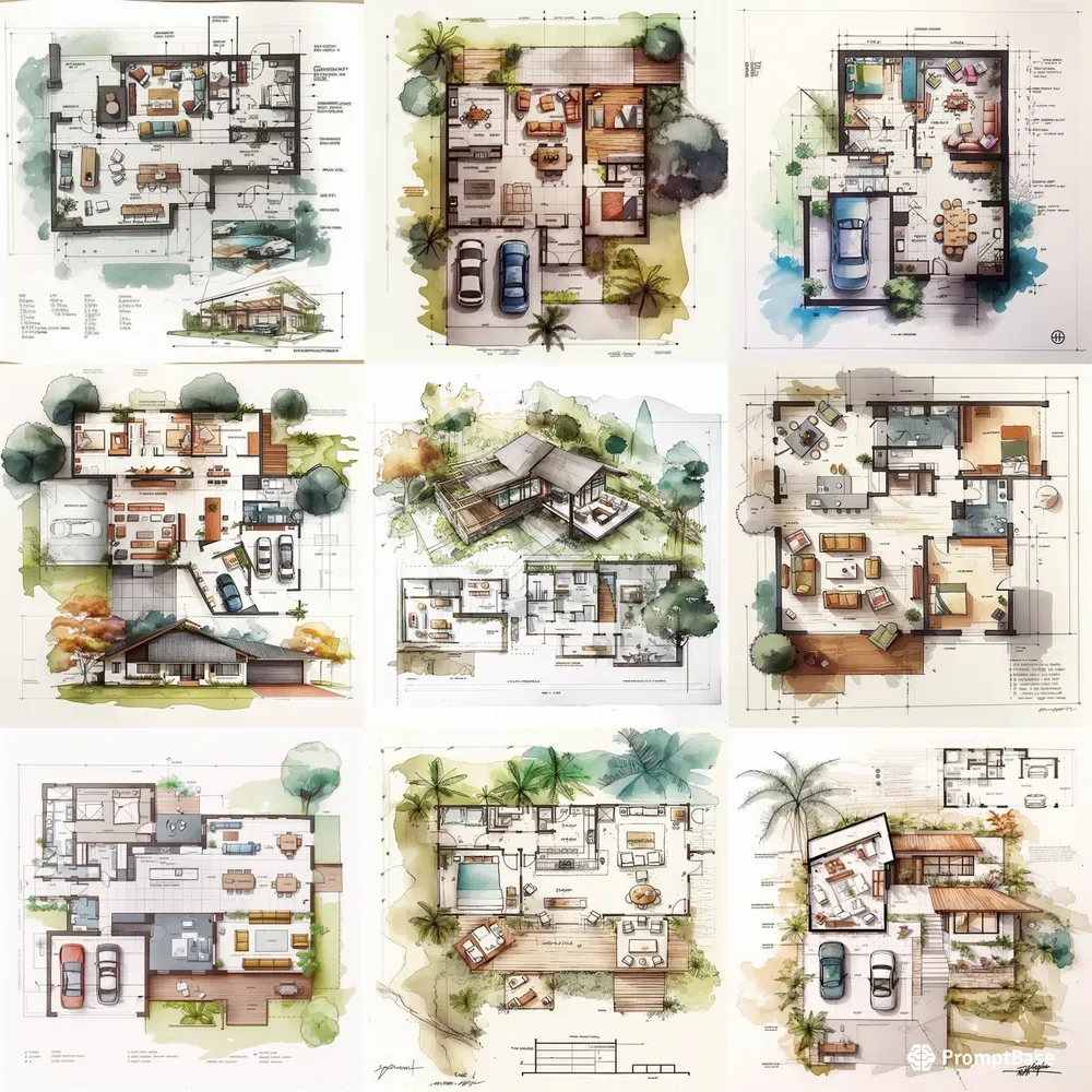 2D Architectural Plant Projects Sketches Midjourney Prompt | PromptBase