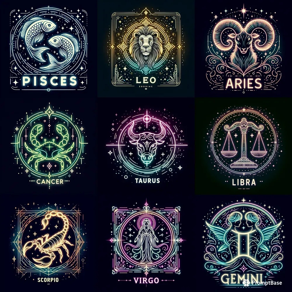 Neon Fantasy Zodiac Astrology Signs DALL·E Prompt | PromptBase