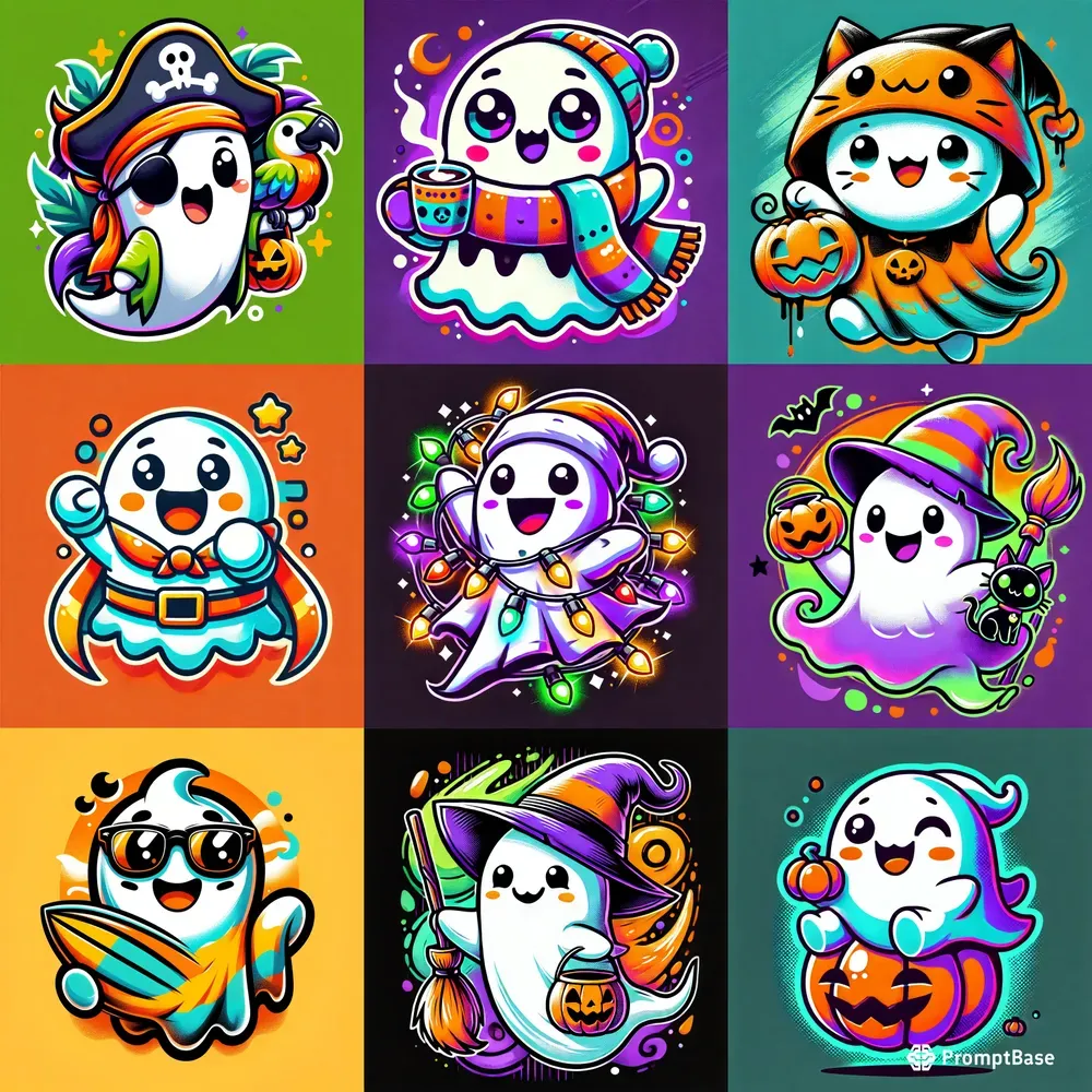 Cheerful Halloween Chibi Ghosts Cliparts DALL·E Prompt | PromptBase