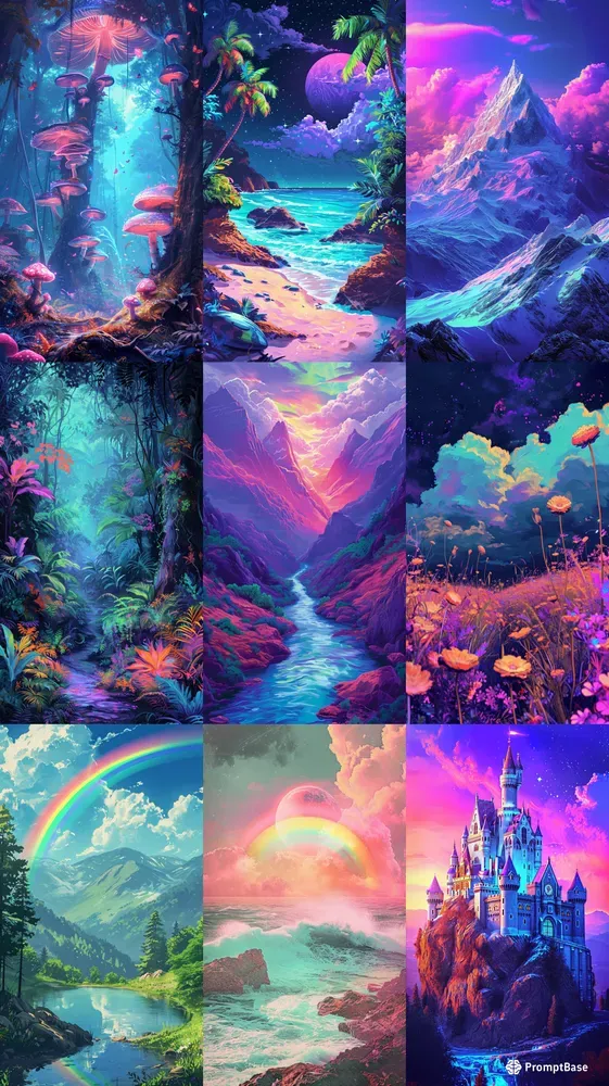 Lisa Frank Psychedelic Landscape Posters Midjourney Prompt | PromptBase