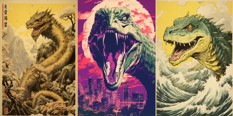 Vintage Kaiju Posters Midjourney Prompt | PromptBase