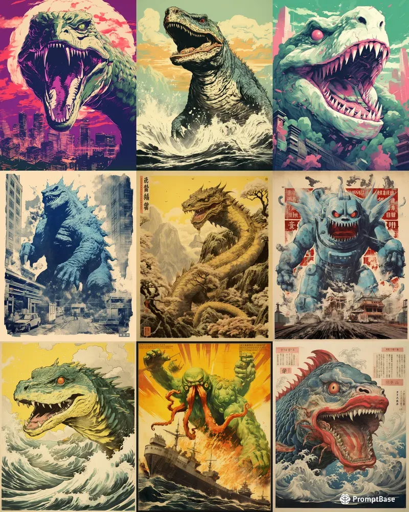 Vintage Kaiju Posters Midjourney Prompt | PromptBase
