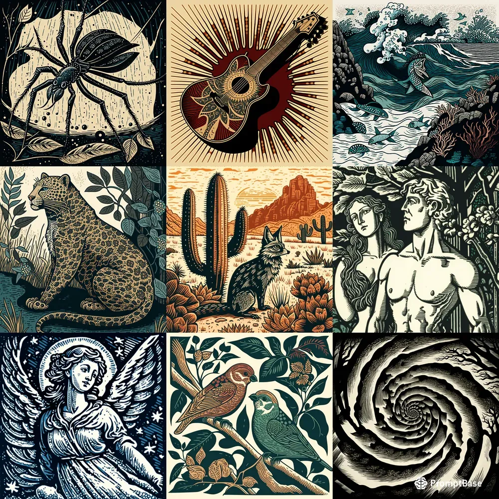 Modern Woodcut Engravings Intricate Prints Midjourney Prompt | PromptBase