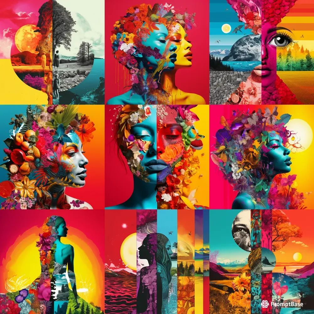 Full Of Colour Surreal Collage Art Midjourney Prompt | PromptBase