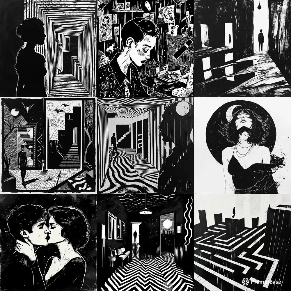 High Contrast Monochrome Doodles Midjourney Prompt | PromptBase