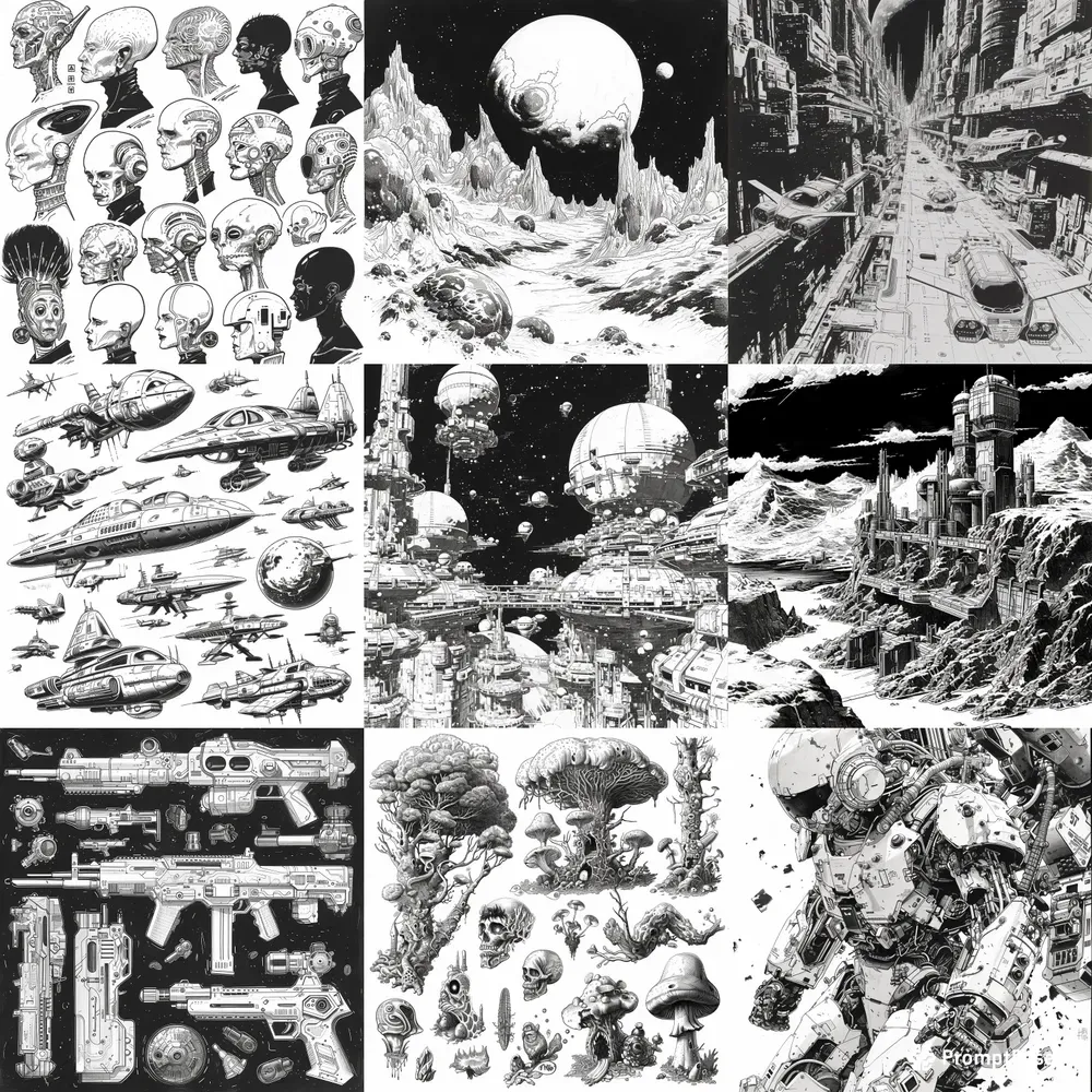 Black And White Scifi Comic Assets Midjourney Prompt | PromptBase