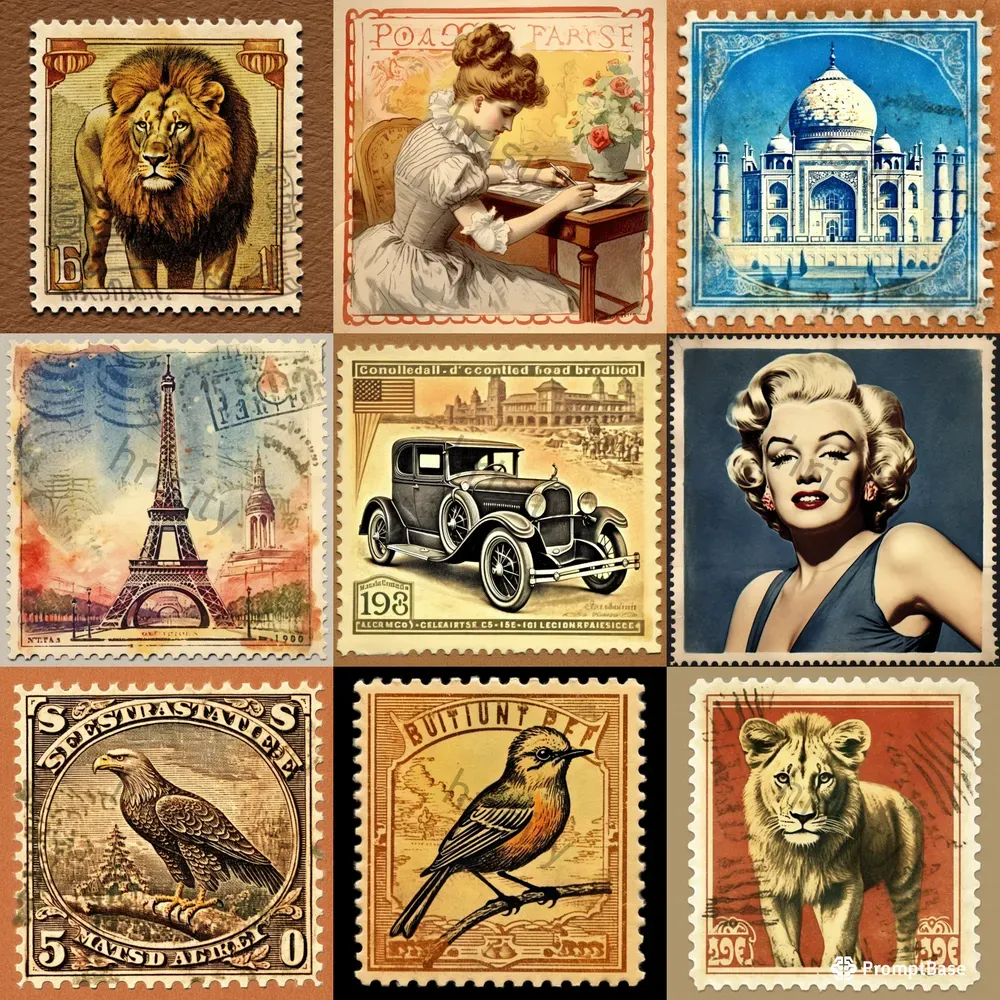 Customizable Vintage Postal Stamps Midjourney Prompt | PromptBase