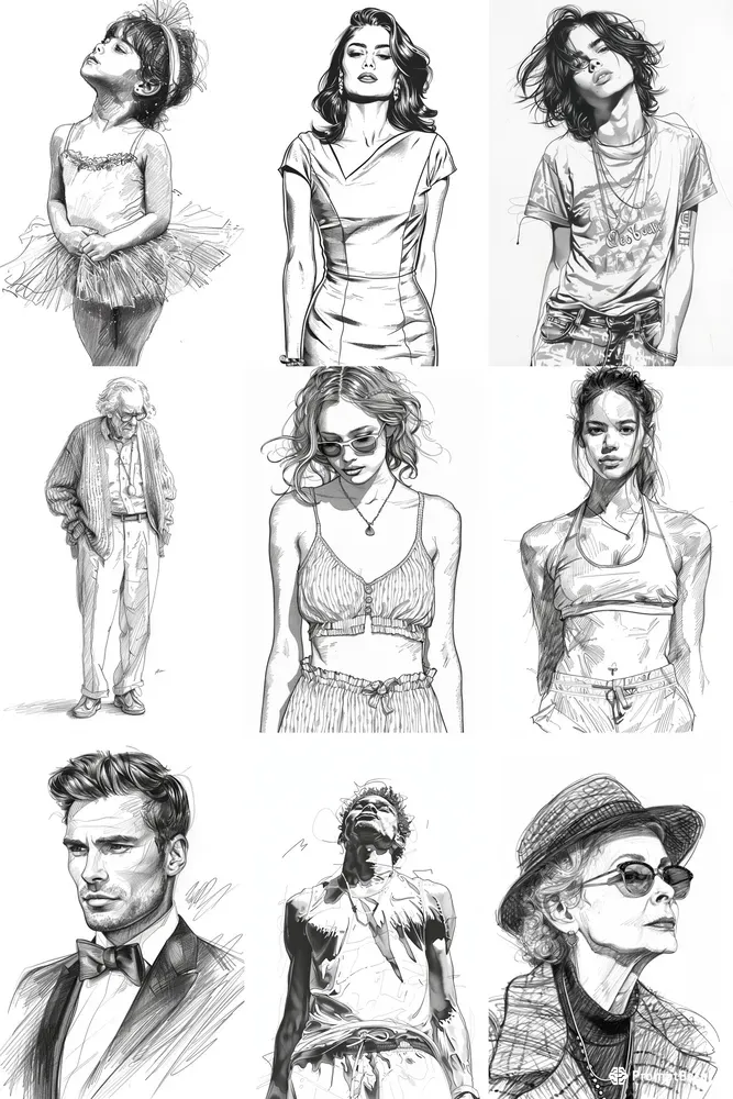 Stylized Monochrome Character Sketches Midjourney Prompt | PromptBase