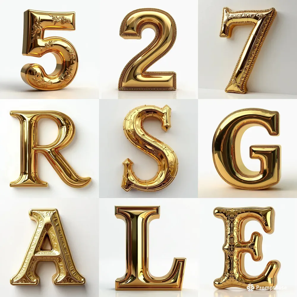 Gold Plated 3D Letters And Numbers FLUX Prompt | PromptBase
