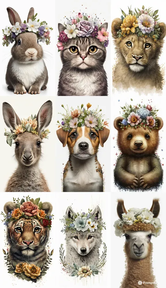 Cute Flower Crown Animals Midjourney Prompt | PromptBase