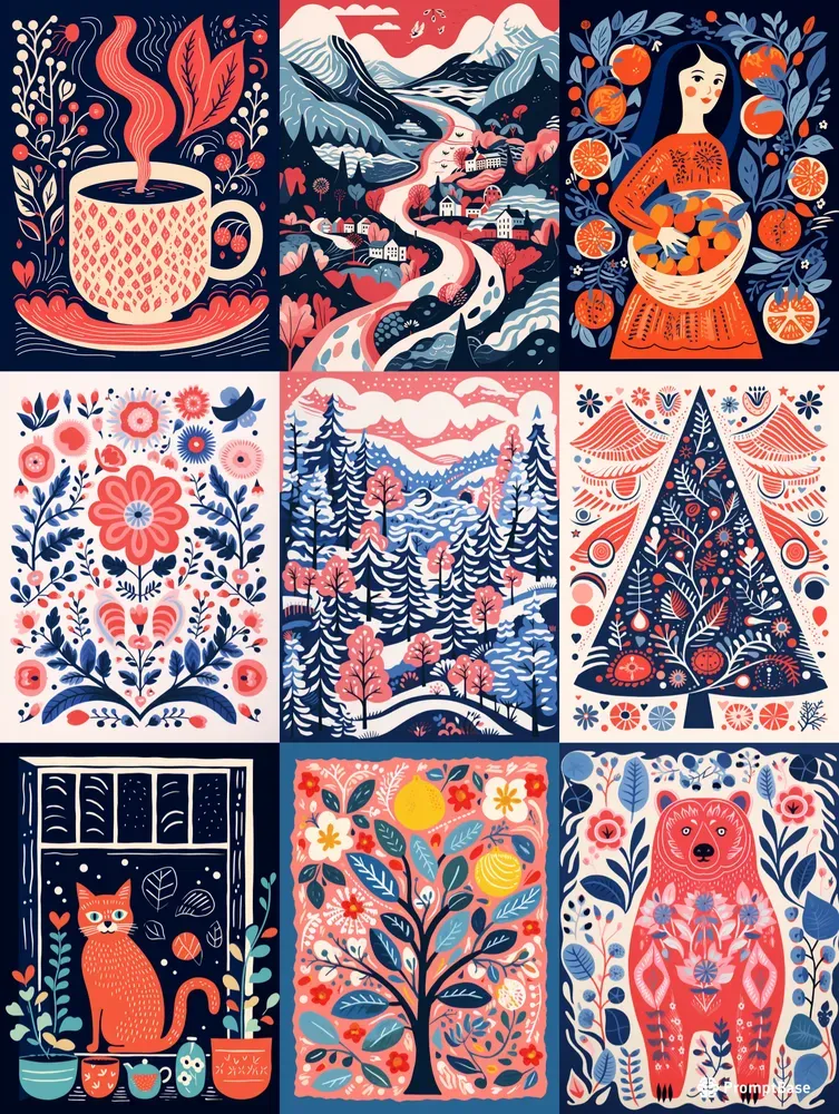 Hygge Style Bold Folk Art Posters Midjourney Prompt | PromptBase