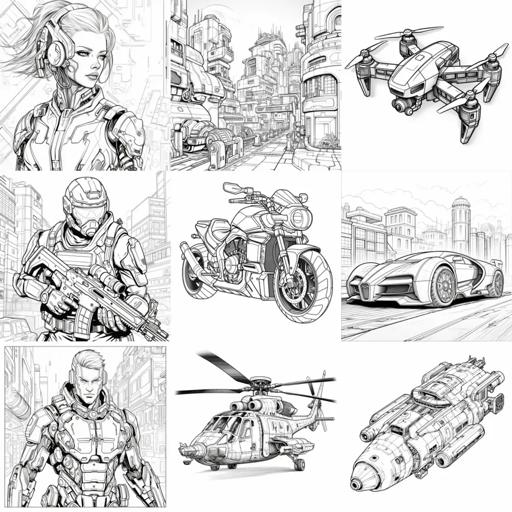 Cyberpunk Style Coloring Pages Midjourney Prompt | PromptBase