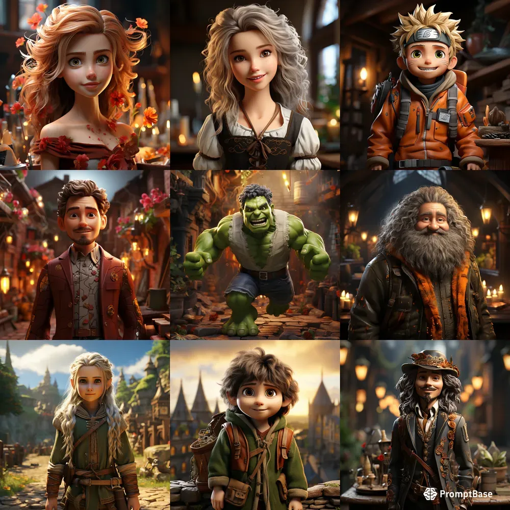 Pixar Iconic Characters And Celebrities Midjourney Prompt | PromptBase