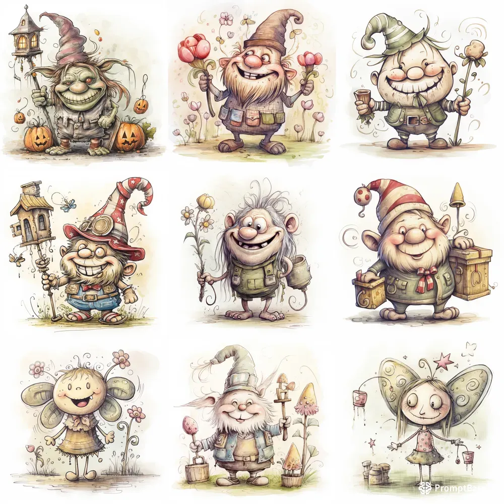 Funny Gnomes And Fairies Illustrations Midjourney Prompt | PromptBase