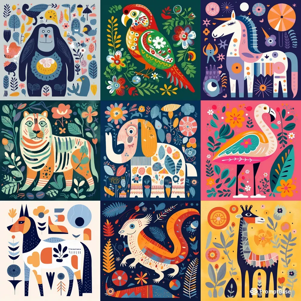 Folk Art Animals Illustrations Midjourney Prompt | PromptBase
