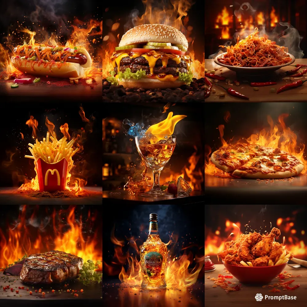 Photorealistic Flaming Foods Midjourney Prompt | PromptBase