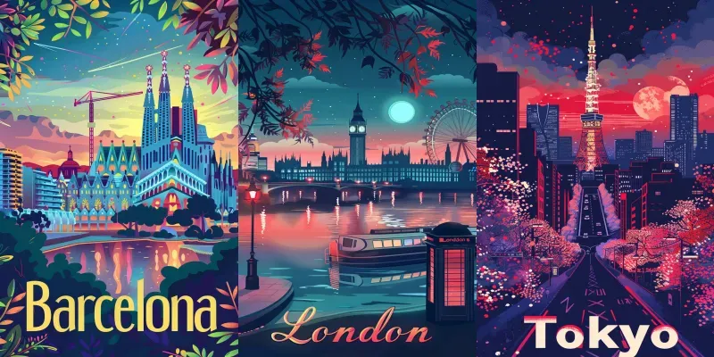 Travel City Posters In Vector Style Midjourney Prompt | PromptBase